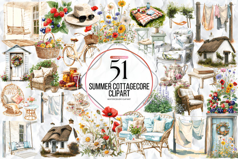 Watercolour Summer Spring Cottagecore Clipart Bundle, Cabin Png, House ...
