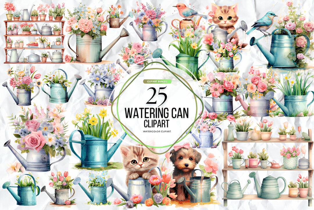 Watercolor Spring Floral Watering Cans Clipart - Floral Gardening ...