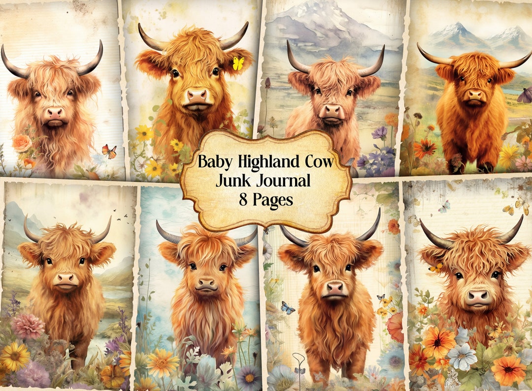 Watercolor Baby Highland Cow Junk Journal Printable Page, Cow Junk ...
