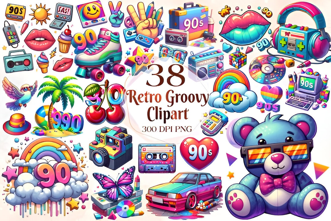 Retro Groovy Clipart | 80 Retro Hippie Graphics | Vintage Retro ...