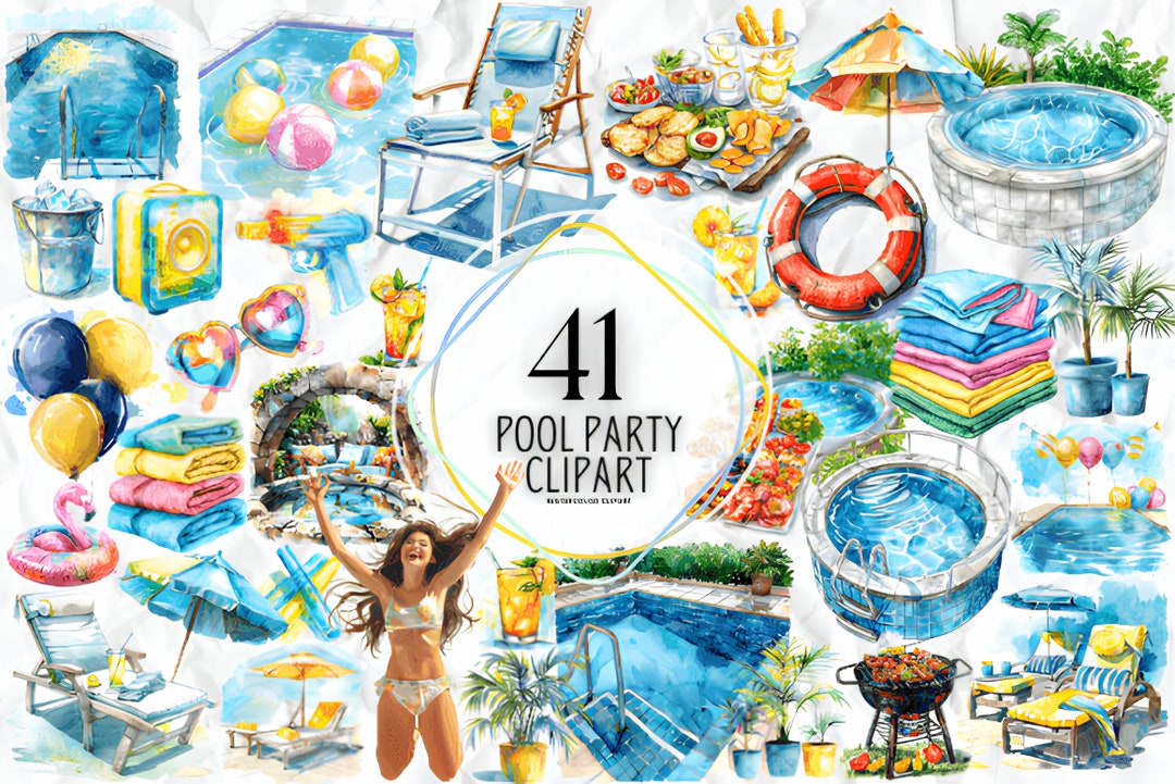 Watercolor Pool Party Clipart / Summer Clipart / Pool Clipart / Party ...