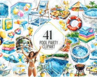 Watercolor Pool Party Clipart / Summer Clipart / Pool Clipart / Party ...