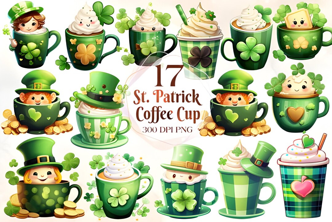 St. Patrick's Coffee Day Clipart, Gnome Clipart, Shamrock, Clover ...