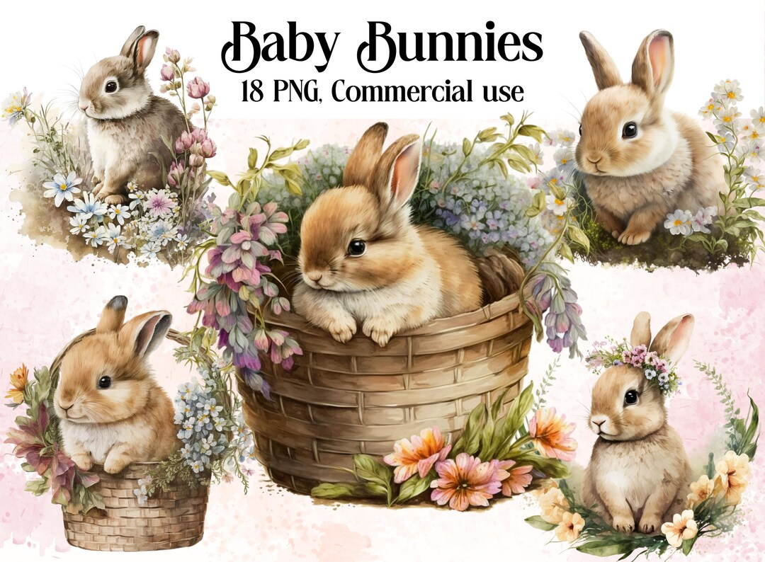 Cute Watercolour Baby Bunnies Clipart Bundle, Watercolor Rabbit PNG ...