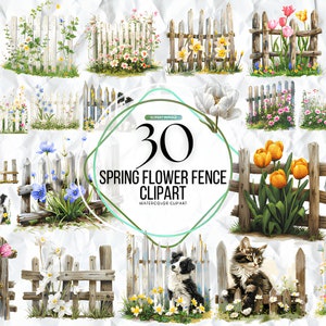 Watercolor Spring Flowers Garden Fences Clipart - Spring Springtime ...