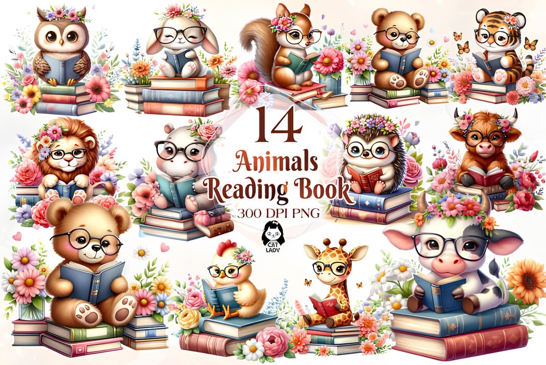 14 PNG Watercolour Booklover Animals Clipart Bundle, Reading Animals ...