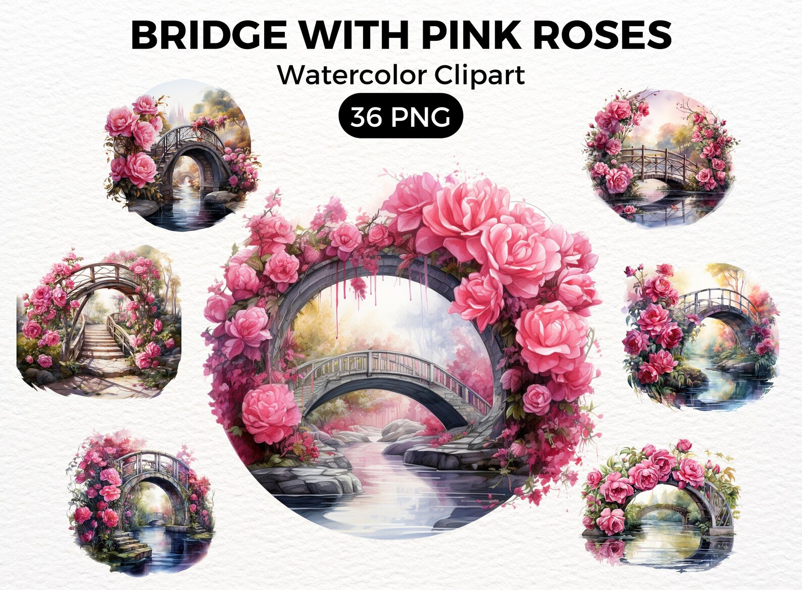 Garden Bridge Pink Roses Clipart, Garden Clip Art, Digital Watercolor ...
