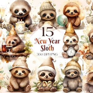 Happy New Year Sloth Clipart Bundle - High Quality JPG - Digital ...