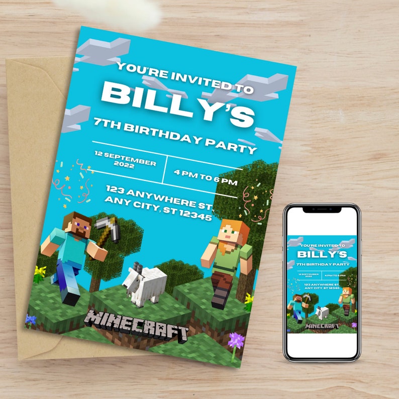 Editable Minecraft Birthday Invitation, Personalized Kids Invitation ...
