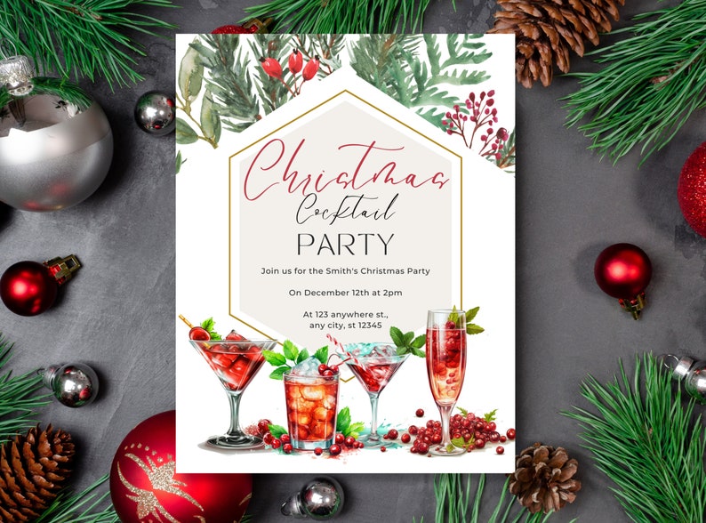 Christmas Cocktails Party Invitation Template Holiday - Etsy