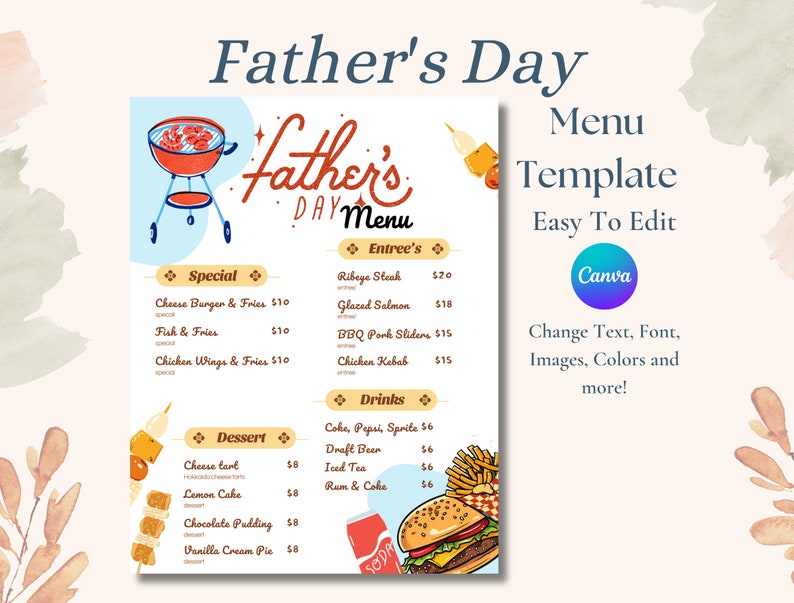 Father's Day Menu Template, BBQ Menu Template, Father's Day Grilling ...