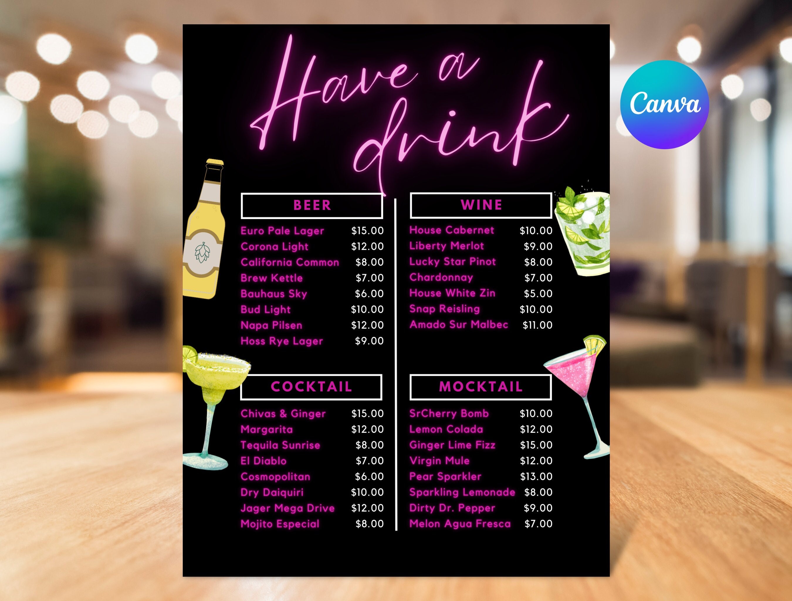 Bar Menu Template, Drink Menu Template, Customizable Drink Menu, Bar ...