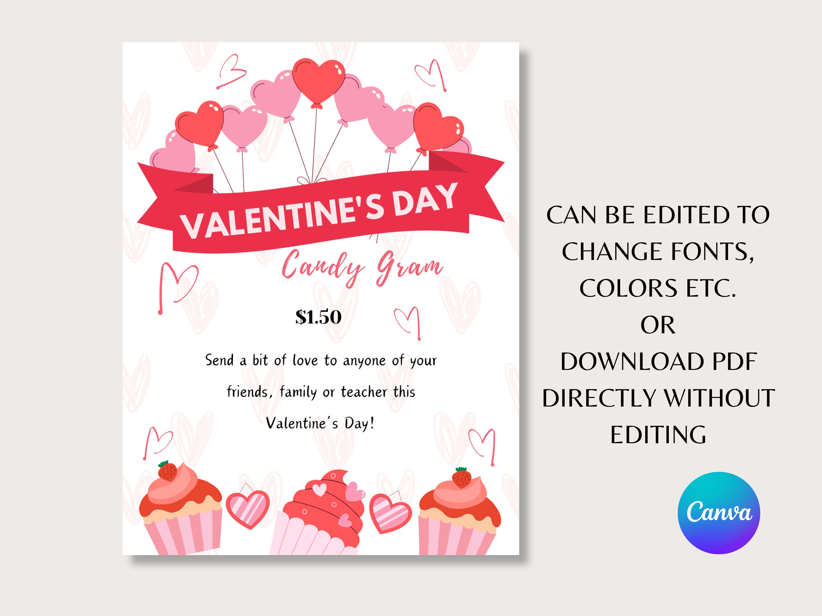 Valentine's Day Candy Gram Template, School Valentine's Day Editable ...