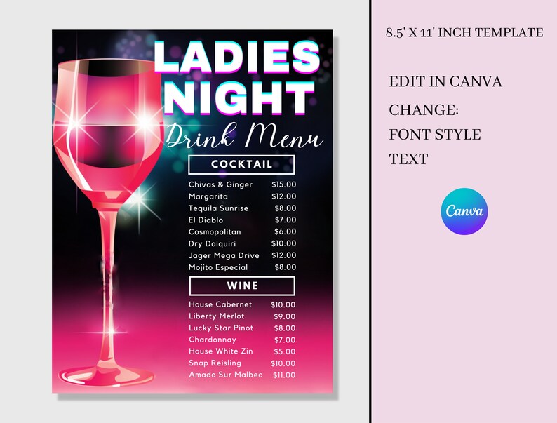 Bar Menu Template, Drink Menu Template, Customizable Drink Menu Girls ...