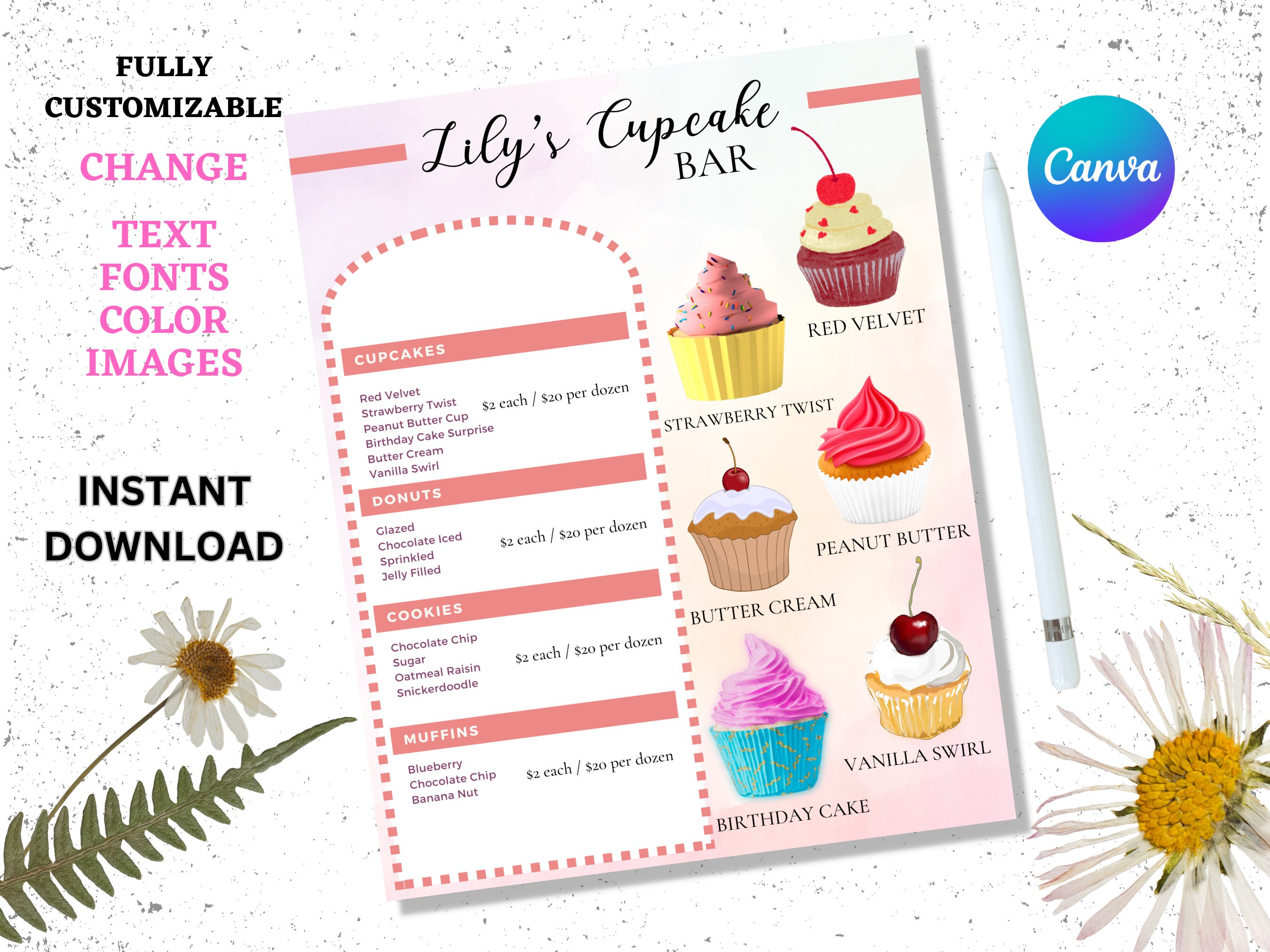 Cupcake Bar Menu, Bakery Menu Template, Dessert Menu Template, Sweet ...