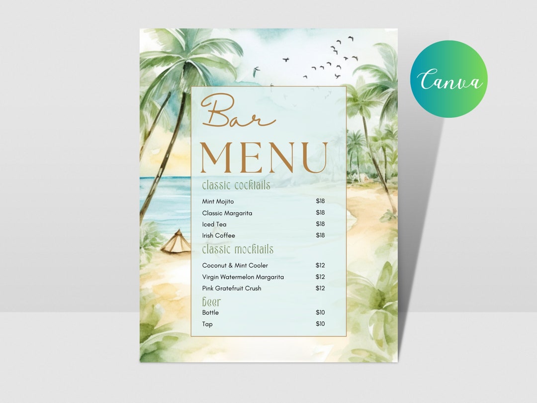 Beach Bar Menu Template Drink Menu Template Customizable Drink Menu Tropical Bar Menu Sign