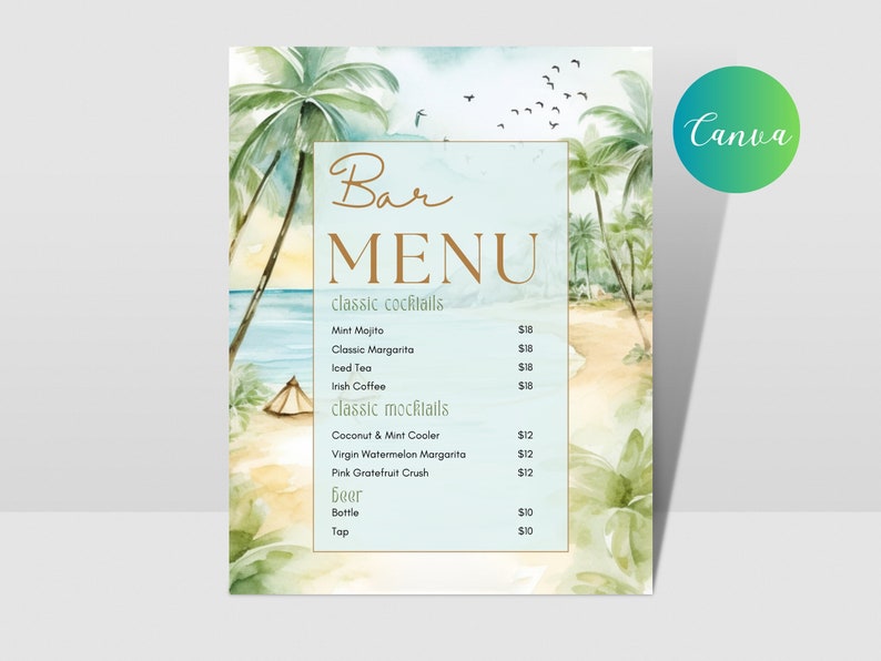 Beach Bar Menu Template, Drink Menu Template, Customizable Drink Menu ...