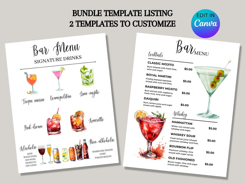 Bar Menu Template, Drink Menu Template, Customizable Drink Menu, Bar ...