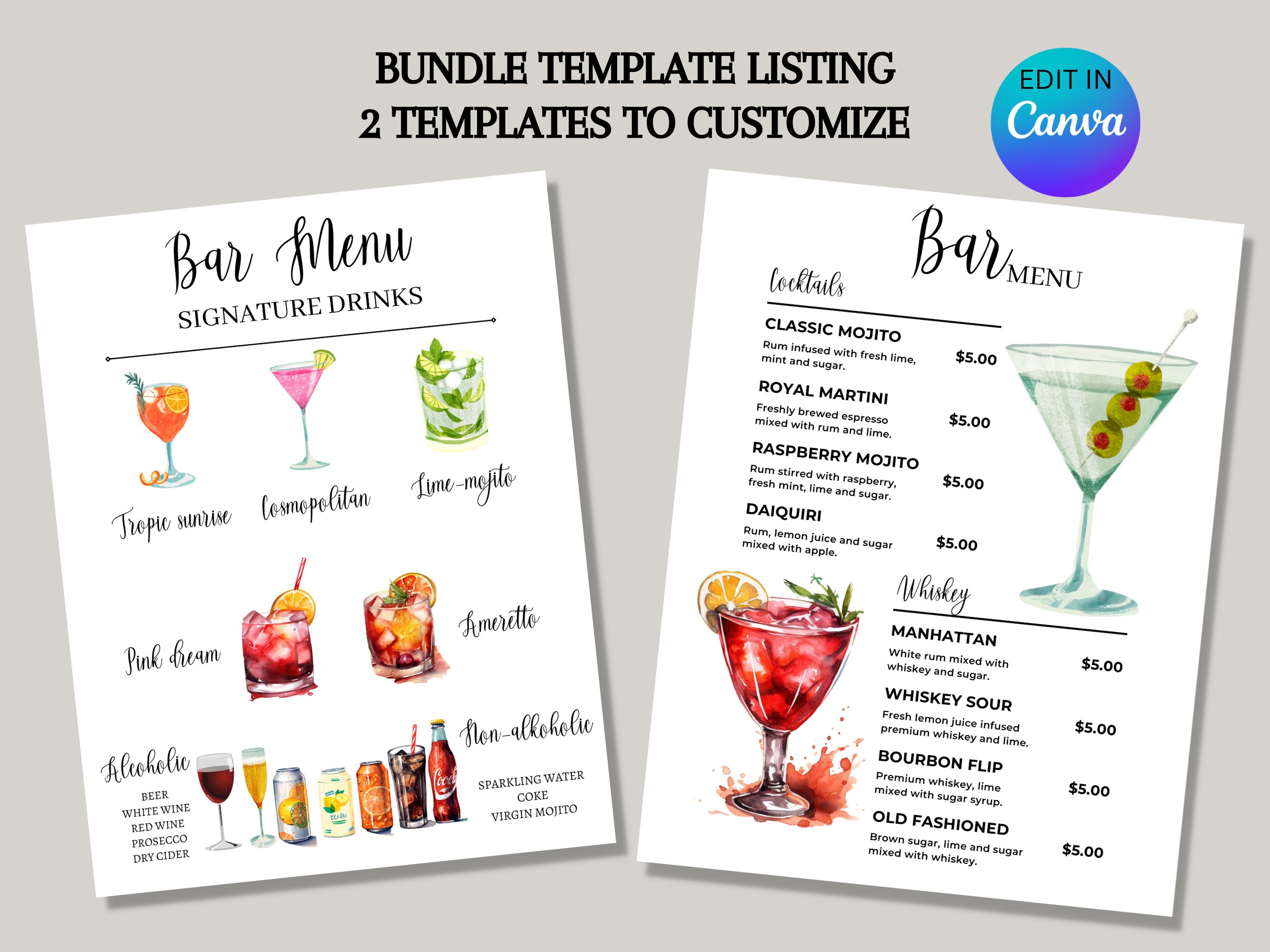 Bar Menu Template, Drink Menu Template, Customizable Drink Menu, Bar ...