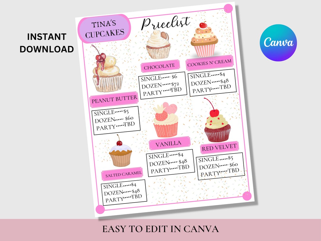 Bakery Menu Template, Dessert Menu Template, Pricelist Sheet, Cupcake ...