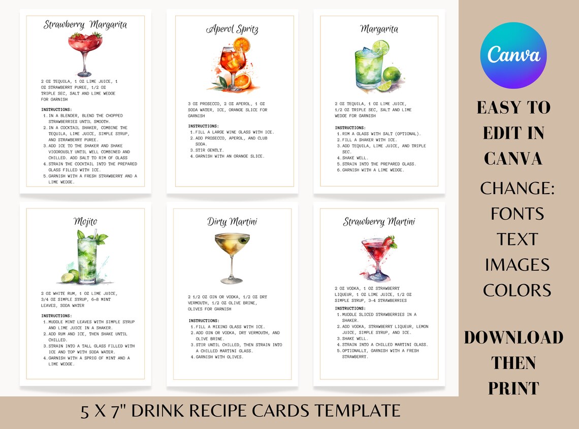 Drink Recipe Cards Template, Cocktail Recipe Cards, Printable Recipe ...