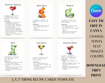 Drink Recipe Cards Template, Cocktail Recipe Cards, Printable Recipe ...