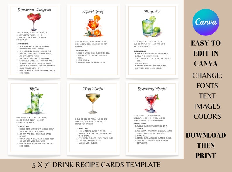 Drink Recipe Cards Template, Cocktail Recipe Cards, Printable Recipe ...