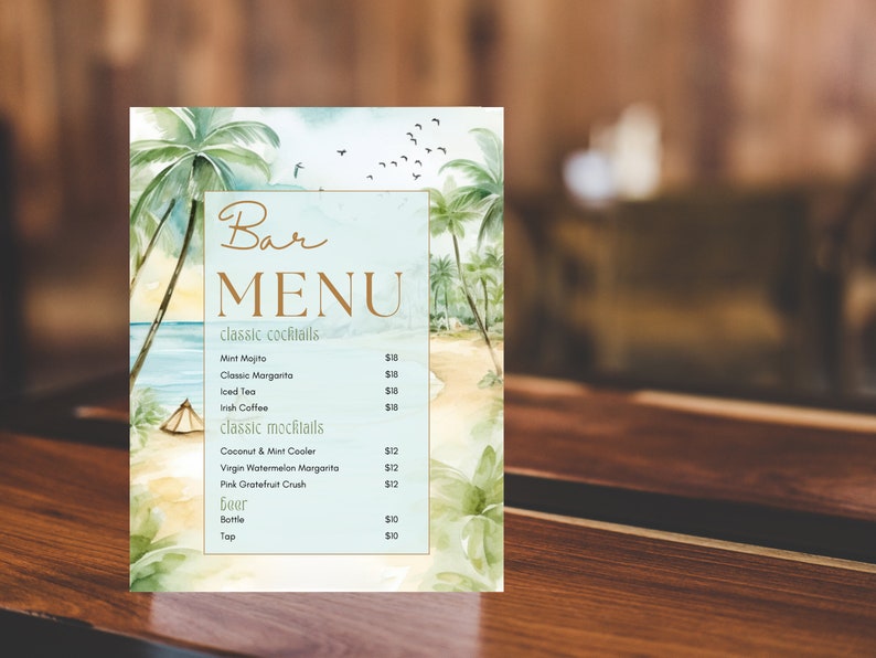 Beach Bar Menu Template, Drink Menu Template, Customizable Drink Menu ...