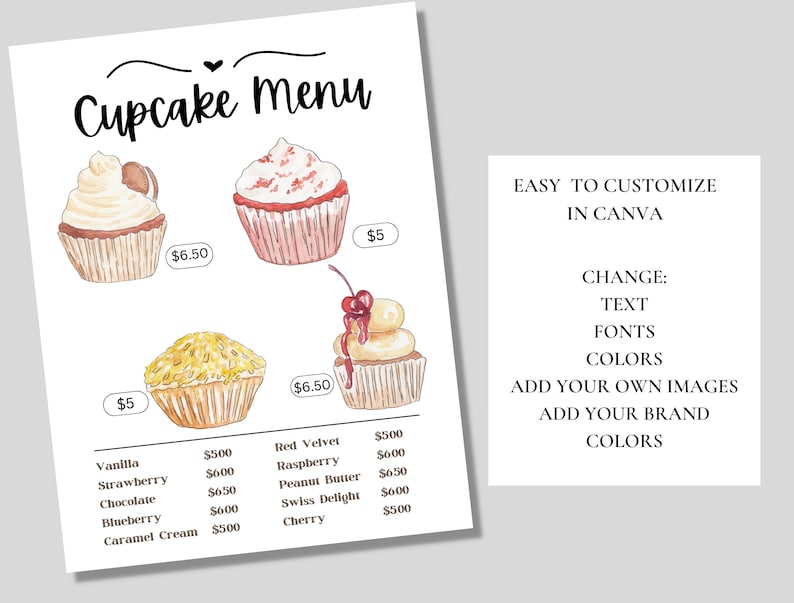 Dessert Menu Template, Customizable Cupcake Menu, Editable Menu, Bakery ...
