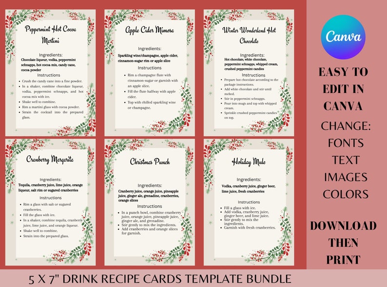 Christmas Drink Recipe Cards Template, Christmas Cocktail Recipe Cards ...