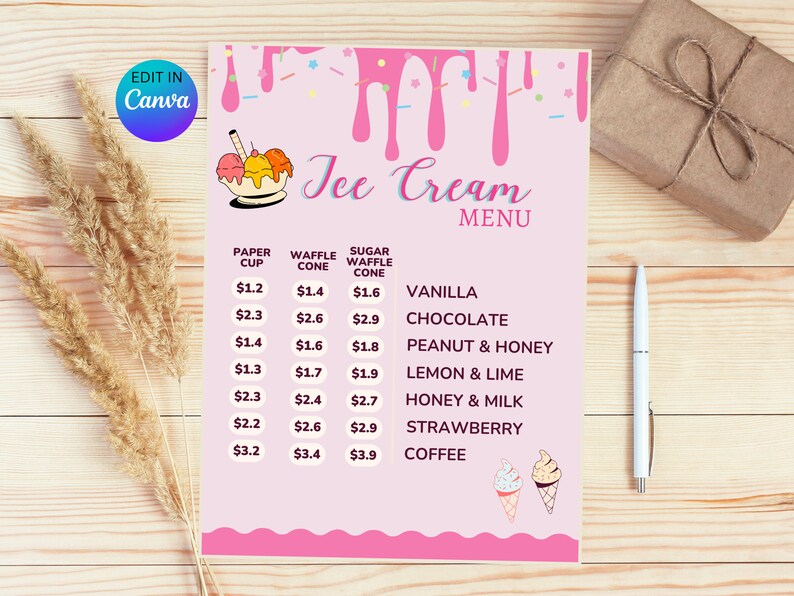 Ice Cream Shop Menu, Pricelist Template, Editable Dessert Menu, Sweet ...