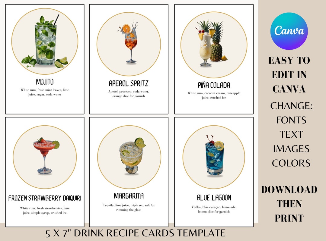 Drink Recipe Cards Template, Cocktail Recipe Cards, Printable Recipe ...