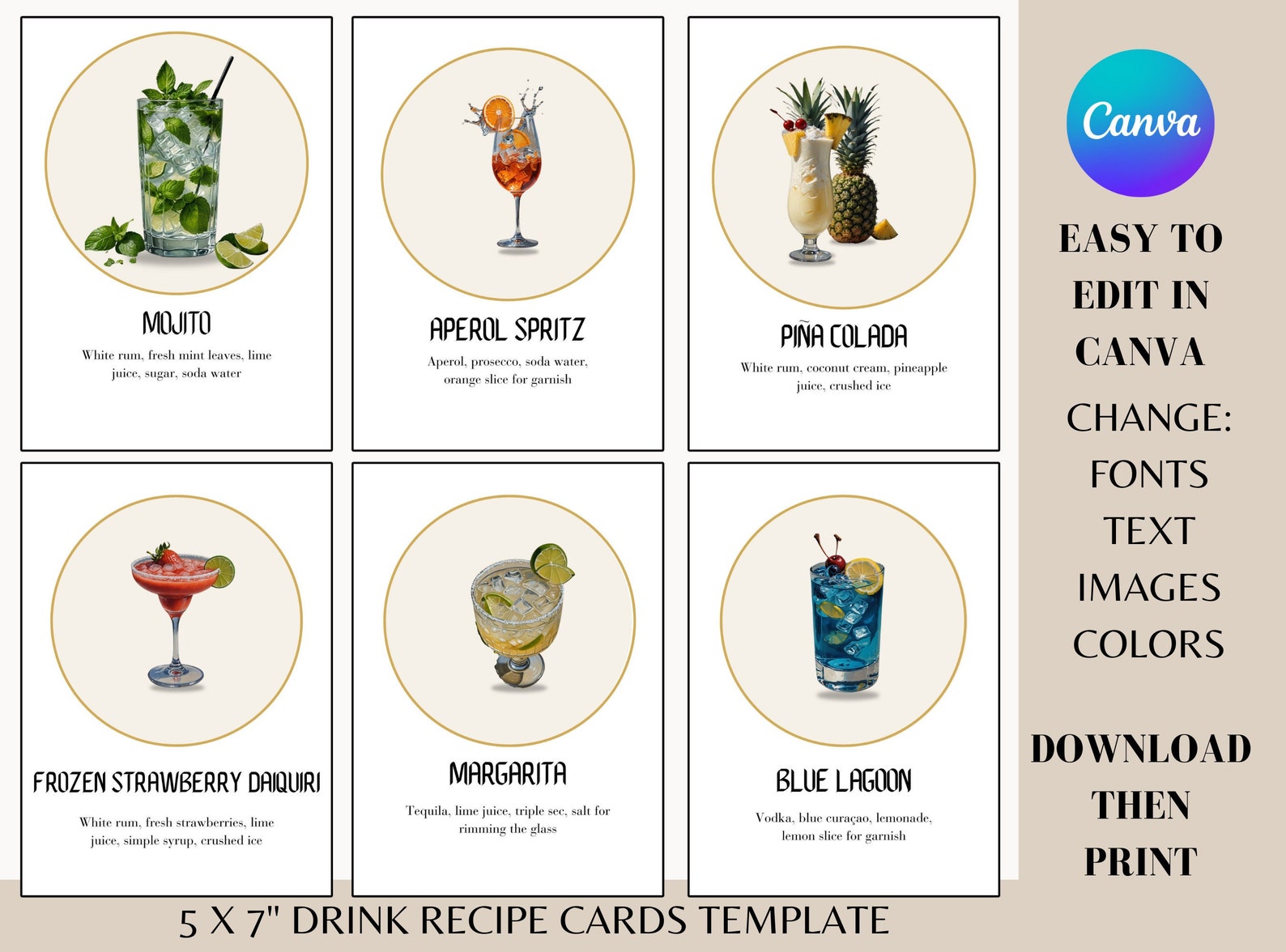 Drink Recipe Cards Template, Cocktail Recipe Cards, Printable Recipe ...