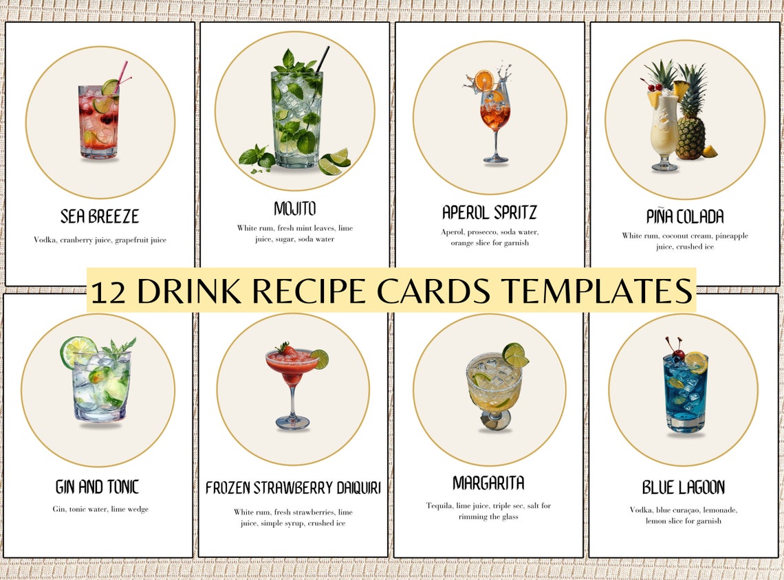 Drink Recipe Cards Template, Cocktail Recipe Cards, Printable Recipe ...