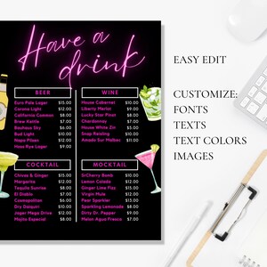 Bar Menu Template, Drink Menu Template, Customizable Drink Menu, Bar ...