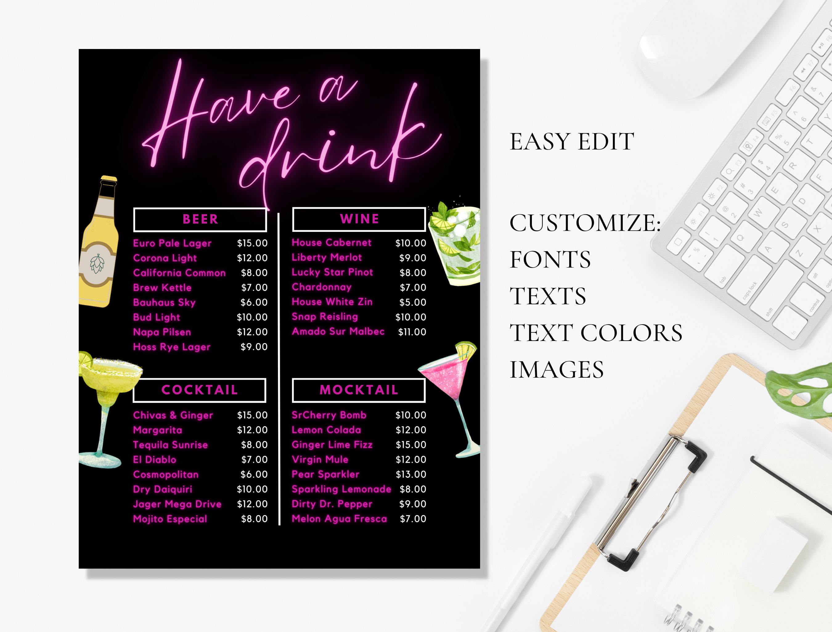 Bar Menu Template, Drink Menu Template, Customizable Drink Menu, Bar ...