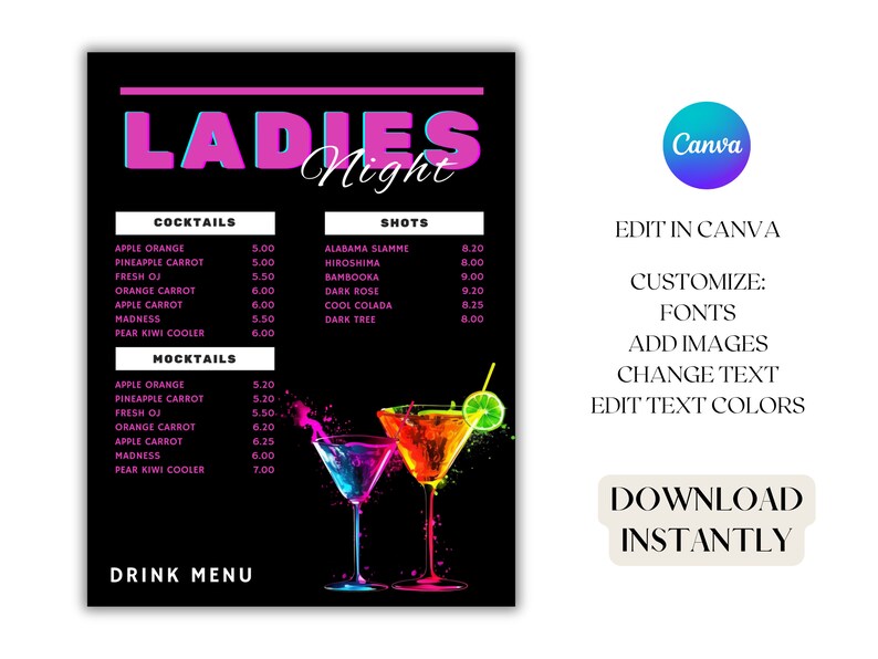 Bar Menu Template, Drink Menu Template, Customizable Drink Menu, Girls ...