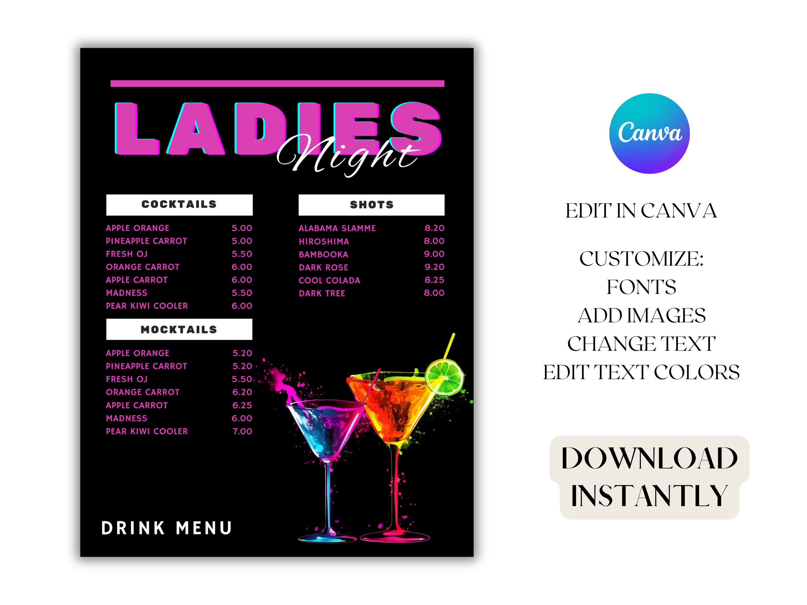 Bar Menu Template, Drink Menu Template, Customizable Drink Menu, Girls ...