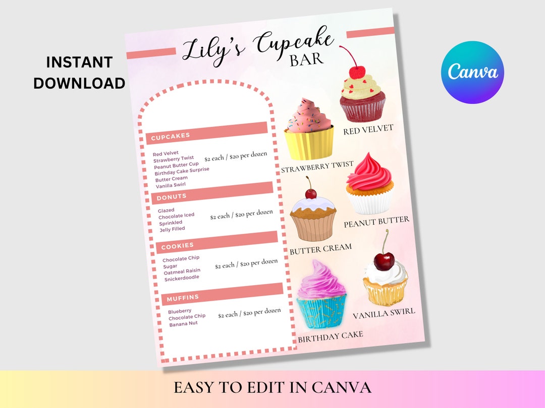Cupcake Bar Menu, Bakery Menu Template, Dessert Menu Template, Sweet ...