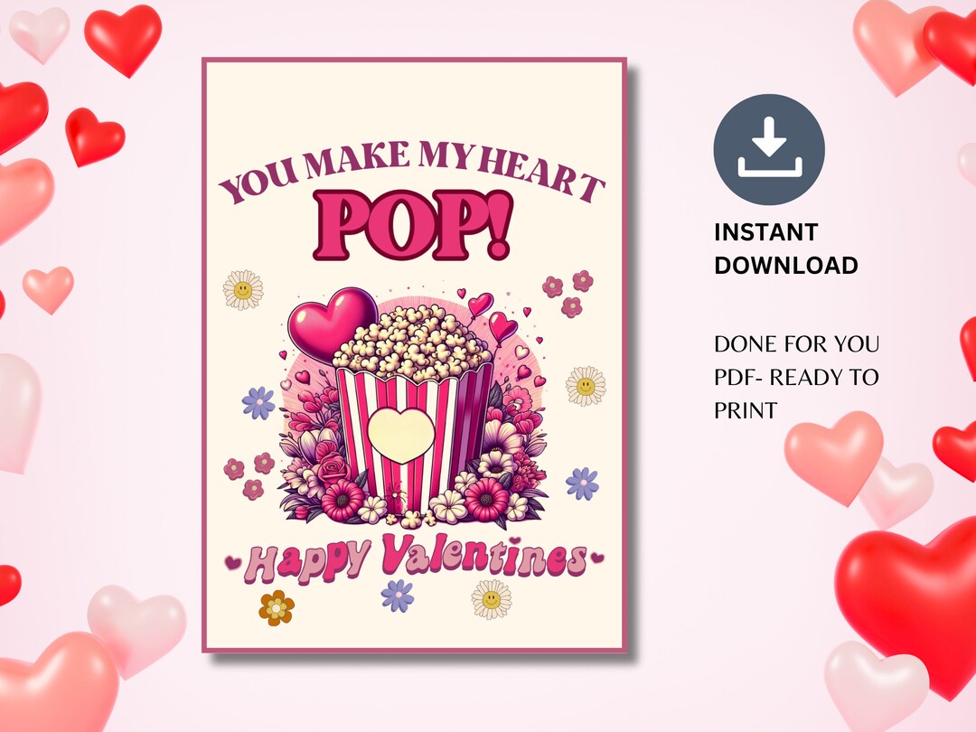 Retro Popcorn Valentine Card Printable, Editable Template, Classroom ...