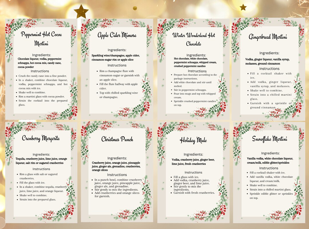 Christmas Drink Recipe Cards Template, Christmas Cocktail Recipe Cards ...
