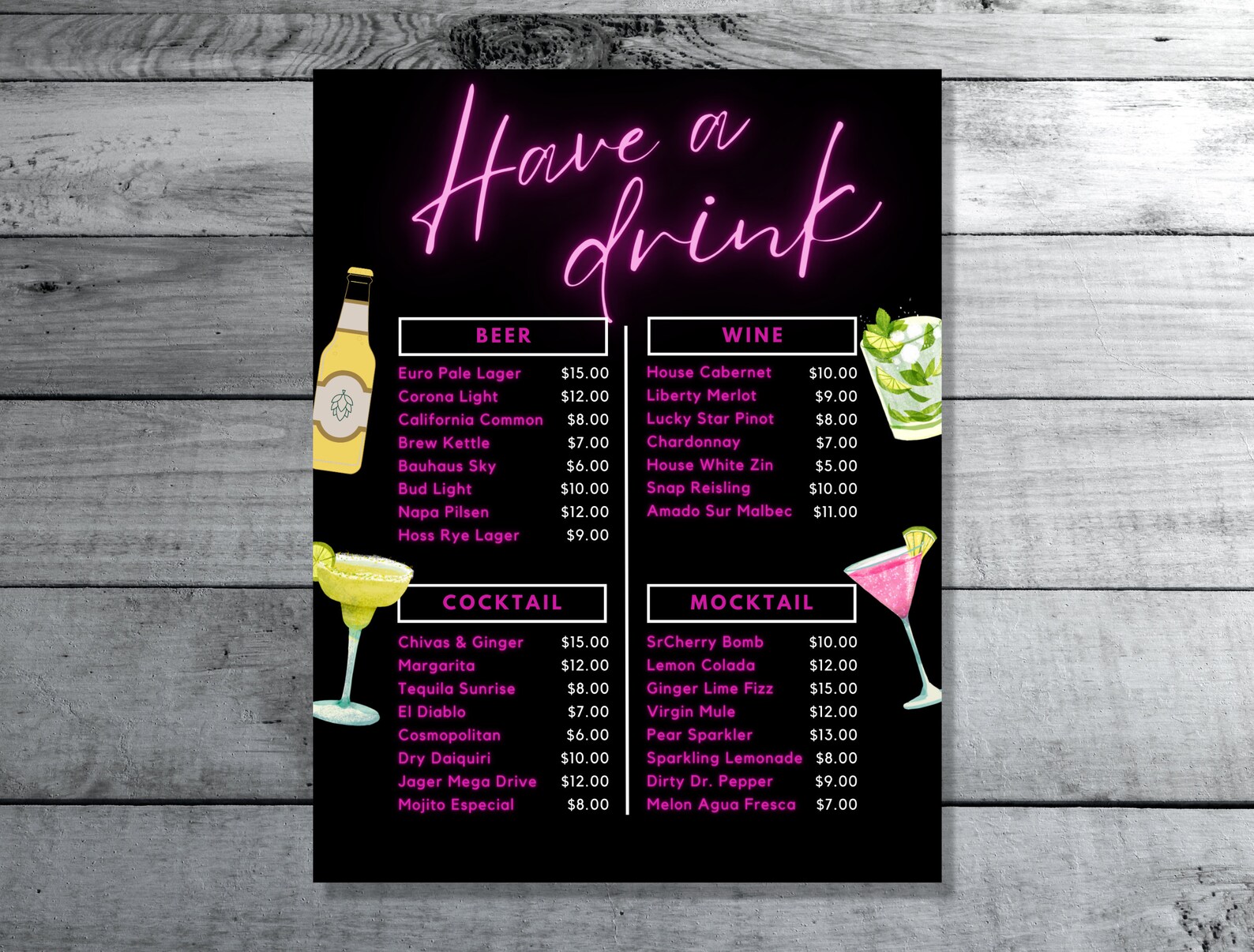 Bar Menu Template, Drink Menu Template, Customizable Drink Menu, Bar ...