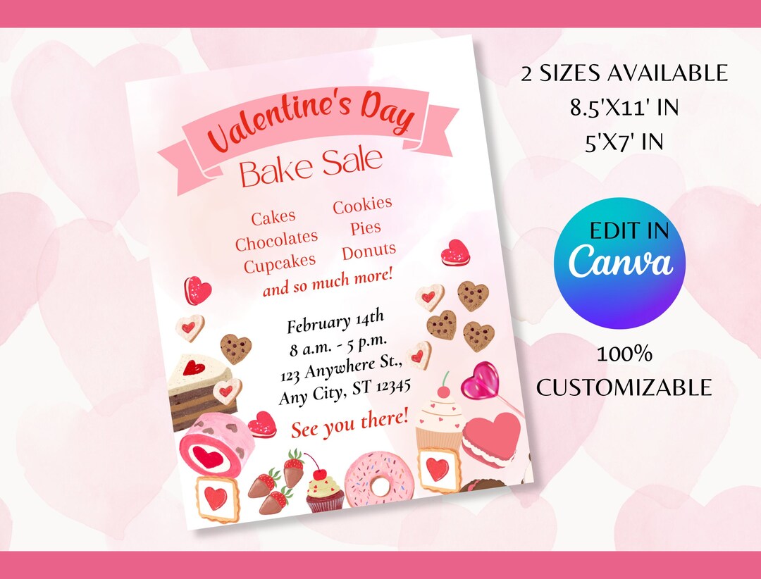 Valentine's Day Bake SALE Template, Pink Flyer, Sweet Treats, Bake Sale ...