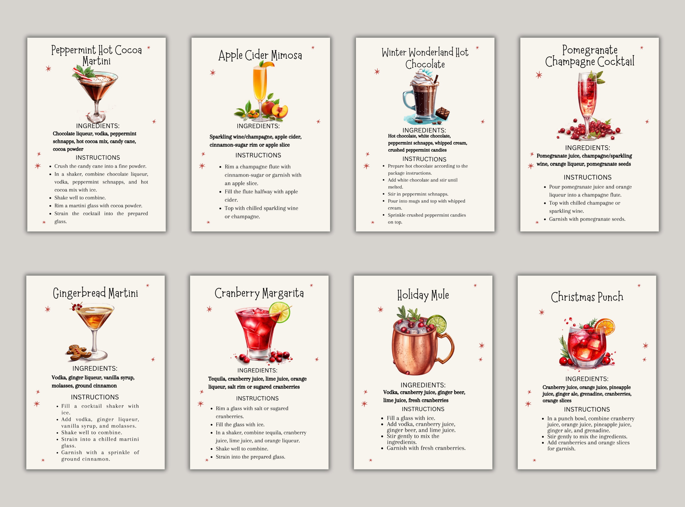 Christmas Drink Recipe Cards Template, Christmas Cocktail Recipe Cards ...