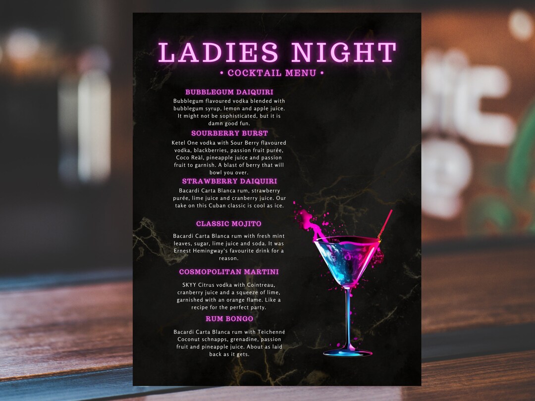 Bar Menu Template, Drink Menu Template, Customizable Drink Menu, Neon ...