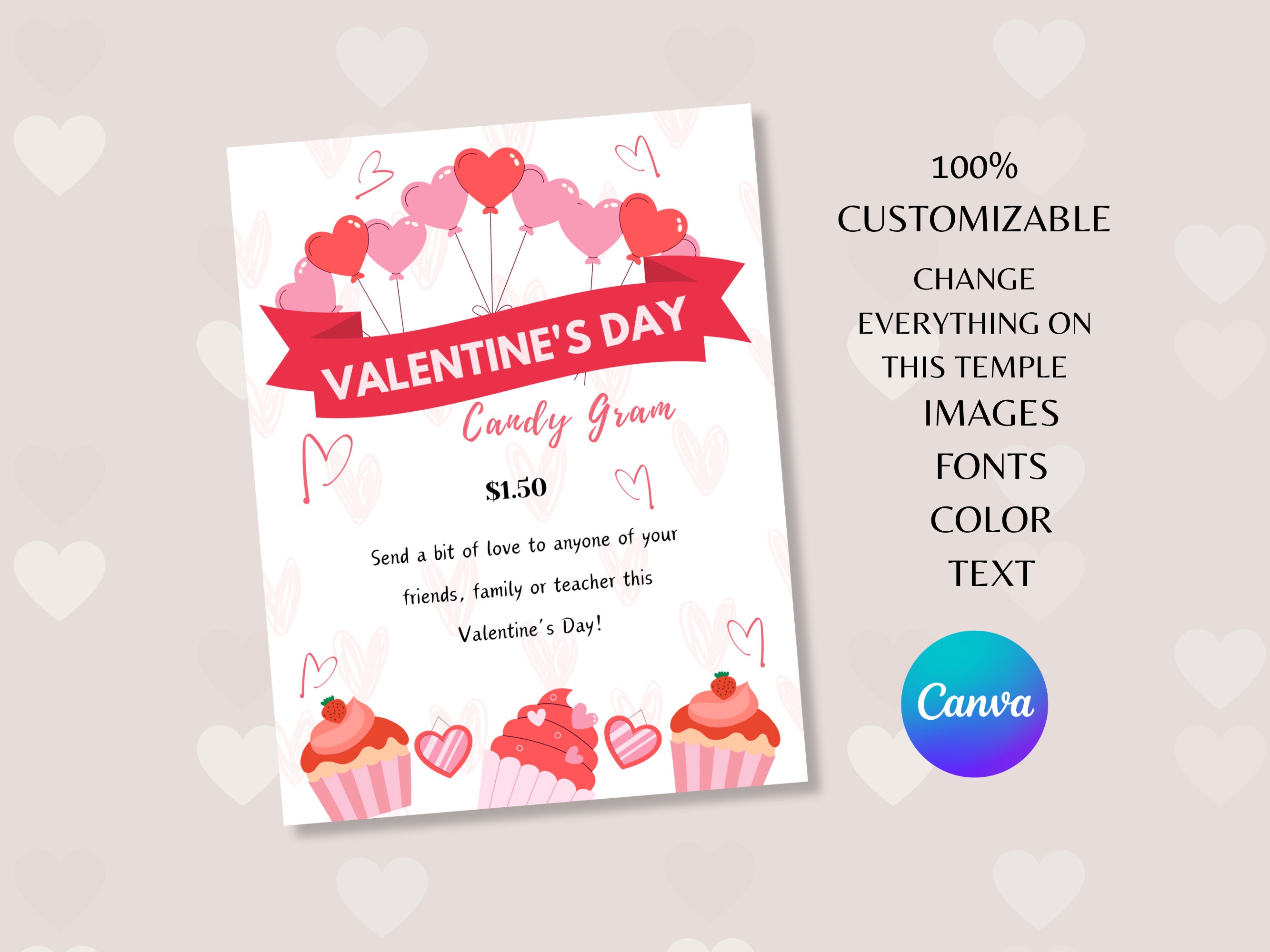 Valentine's Day Candy Gram Template, School Valentine's Day Editable ...