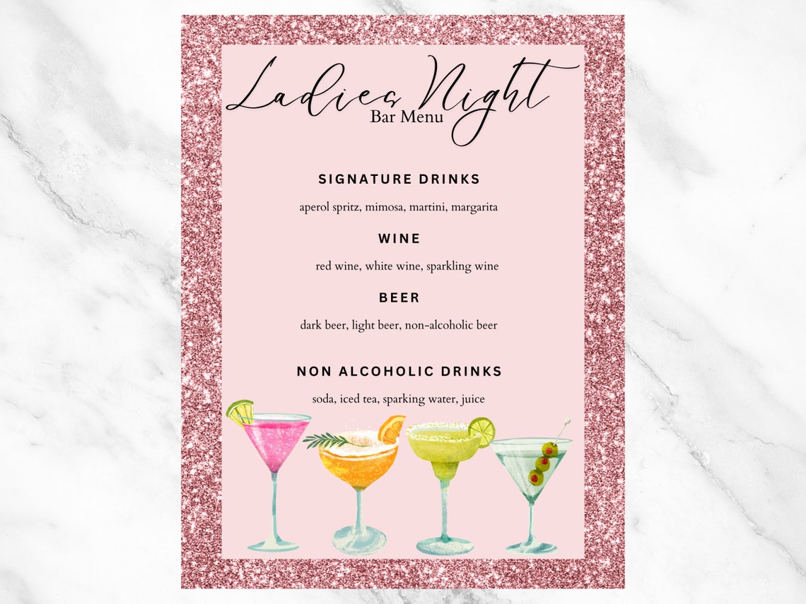Bar Menu Template, Drink Menu Template, Pink Bar Menu, Girls Night ...