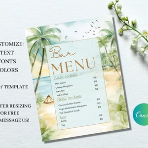 Beach Bar Menu Template, Drink Menu Template, Customizable Drink Menu ...