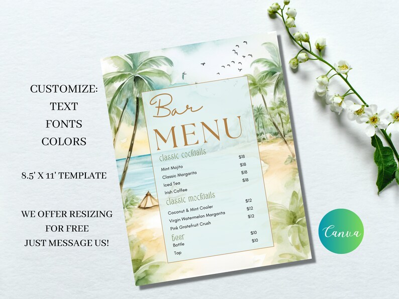 Beach Bar Menu Template, Drink Menu Template, Customizable Drink Menu ...