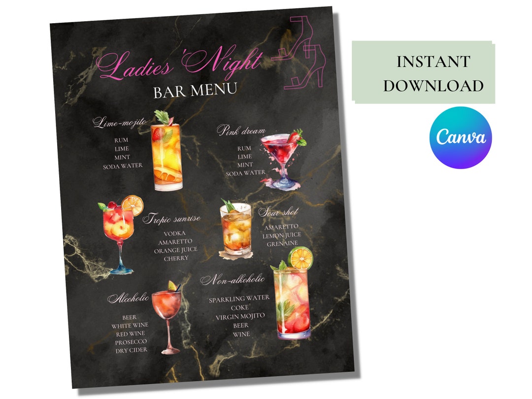 Bar Menu Template, Drink Menu Template, Customizable Drink Menu, Girls ...